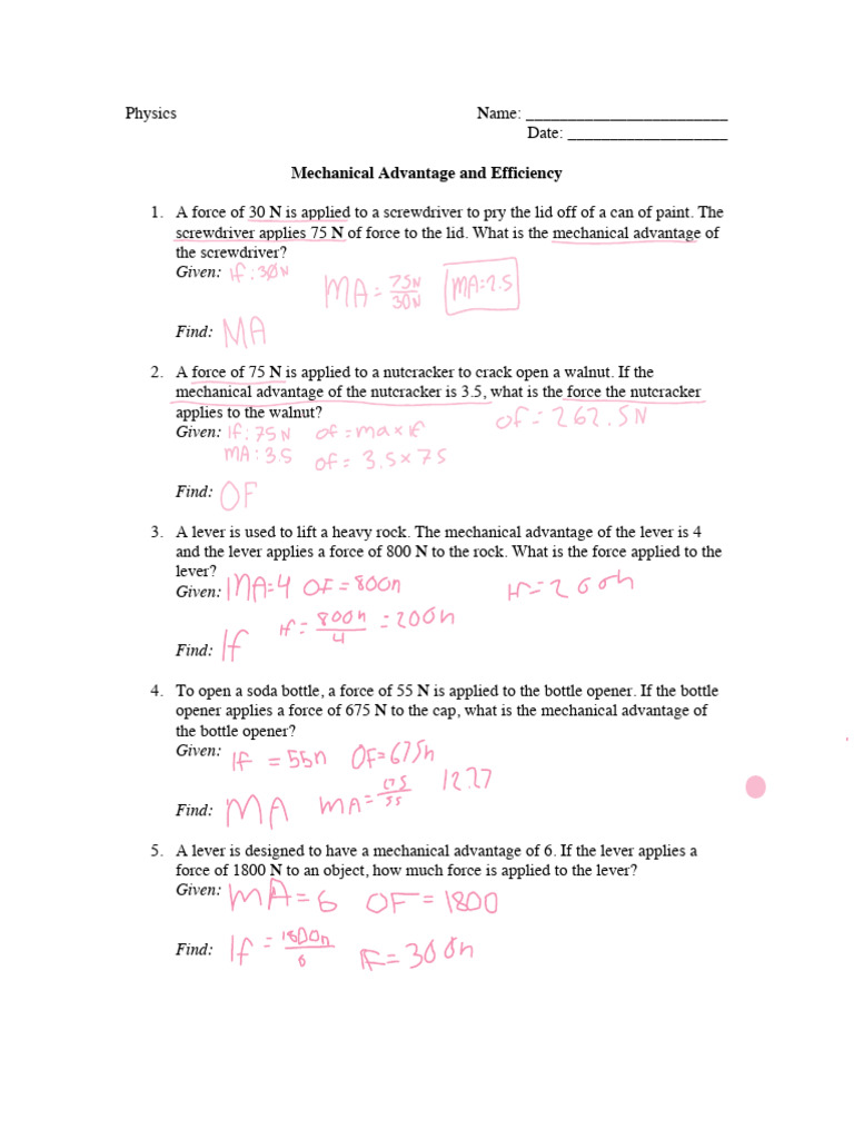 Mechanical Advantage and Efficiency Problems | PDF