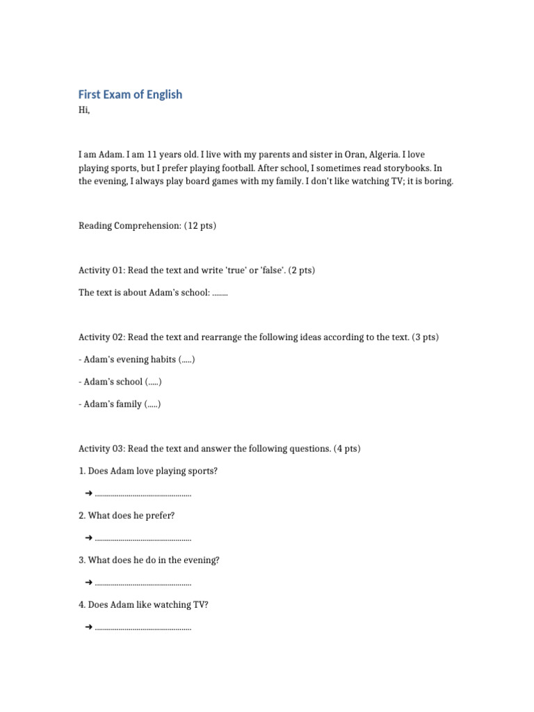 First Exam of English | PDF