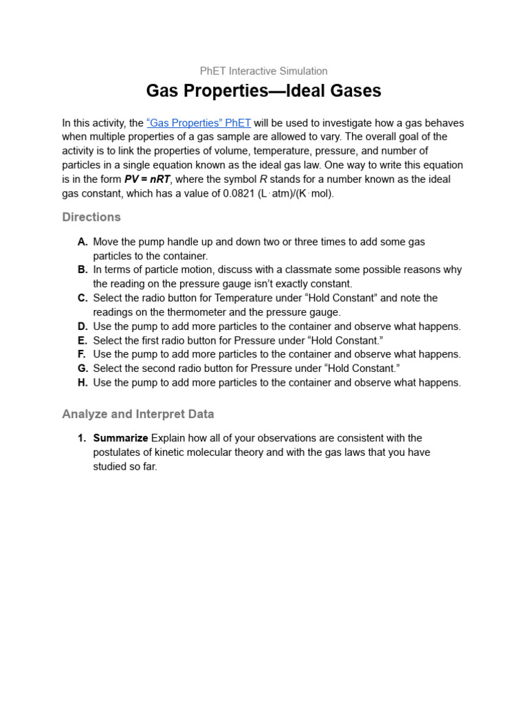 PhET Ideal Gases Simulation | PDF | Gases | Physics