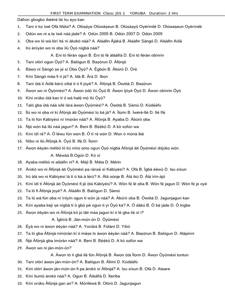 YORÙBÁ JSS 1 First Term | PDF
