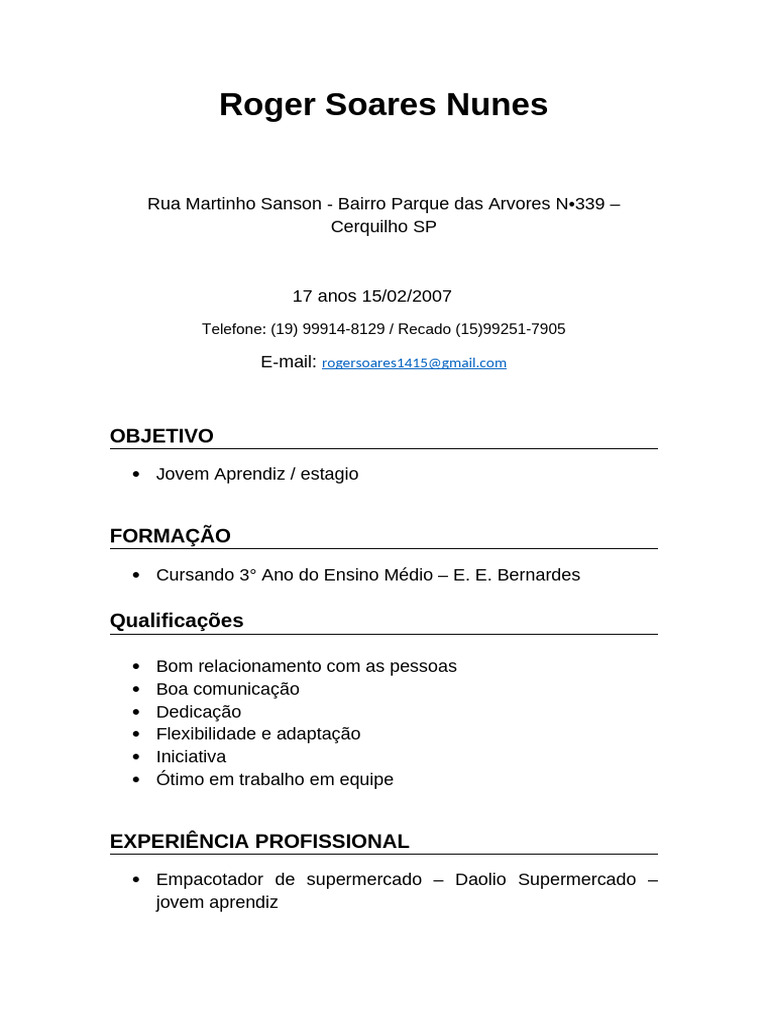 Currículo de Roger Soares Nunes | PDF