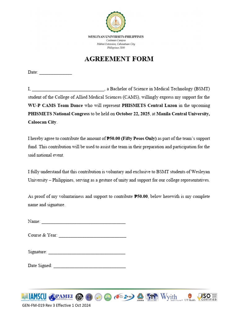 BSMT Student Support Agreement Form | PDF