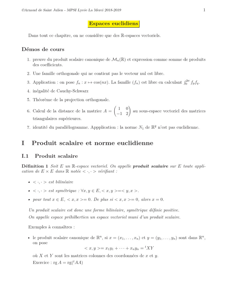 Espaces Euclidiens et Produits Scalaires | PDF | Espace euclidien ...