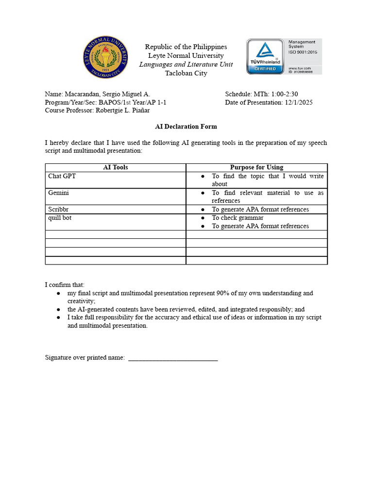 AI Declaration Form.docx | PDF