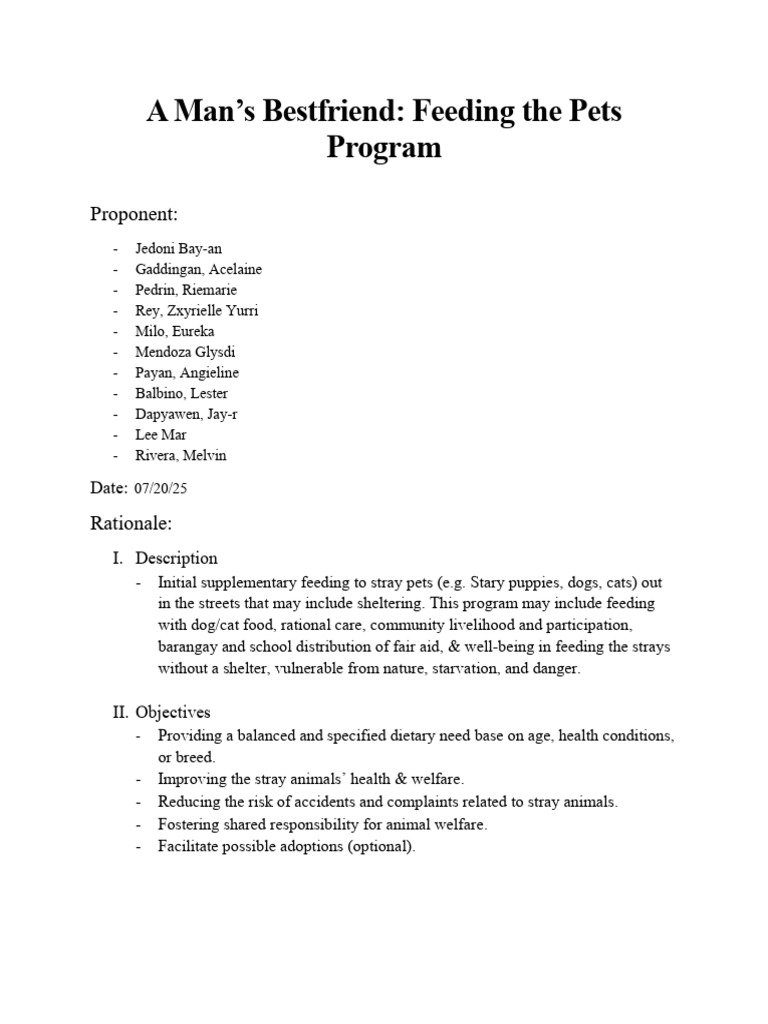 Stray Pet Feeding Program Proposal | PDF | Pet | Human–Animal Interaction