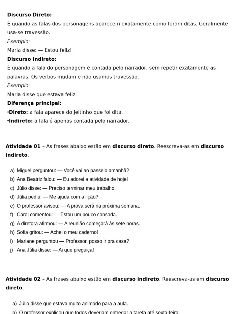 Discurso Direto e Indireto | PDF