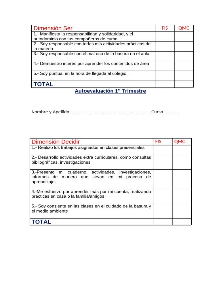 Autoevaluacion 1er Trimestre Fis-Qmc | PDF