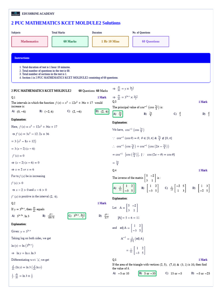 II PU Maths & Biology Module - 2 Solns | PDF | Matrix (Mathematics ...