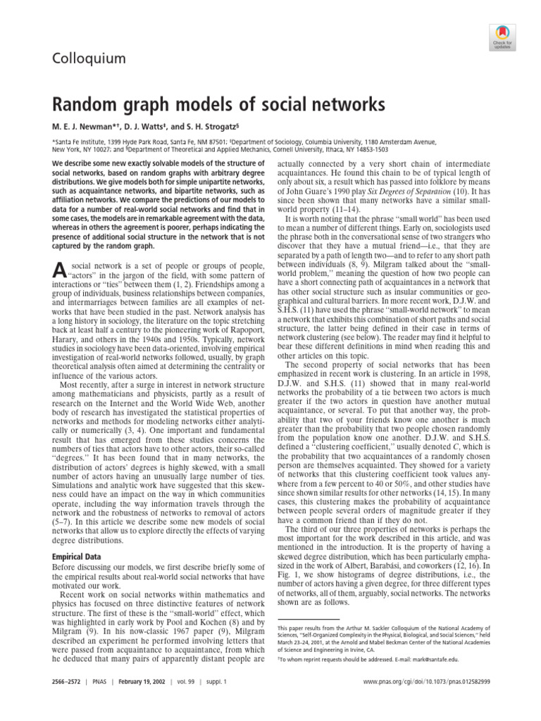 Newman Et Al 2002 Random Graph Models of Social Networks | PDF | Vertex ...
