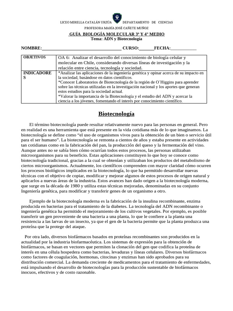 Guia 1 Biotecnologia Biologia Celular y Molecular 3 y 4 | PDF