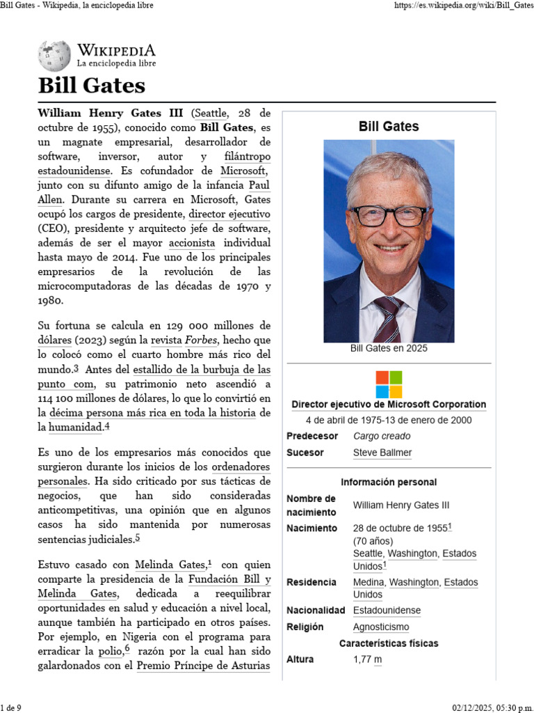 Bill Gates - Wikipedia, La Enciclopedia Libre | PDF | Informática