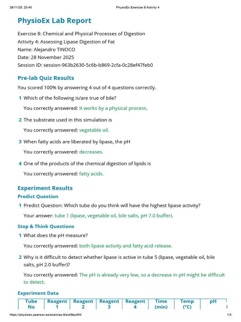 PhysioEx Exercise 8 Activity 4 ALEJANDRO TINOCO | PDF | Bile | Pancreas