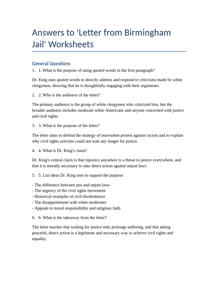 Birmingham Jail Letter Analysis Guide | PDF | Existentialism | Martin ...