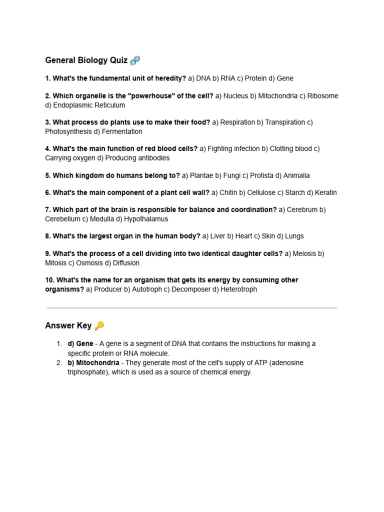 General Biology Quiz with Answers | PDF | Cell (Biology) | Biology