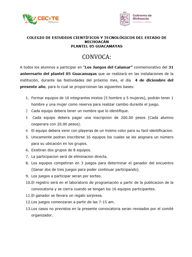 Convocatoria Juegos Del Calamar 2025 | PDF