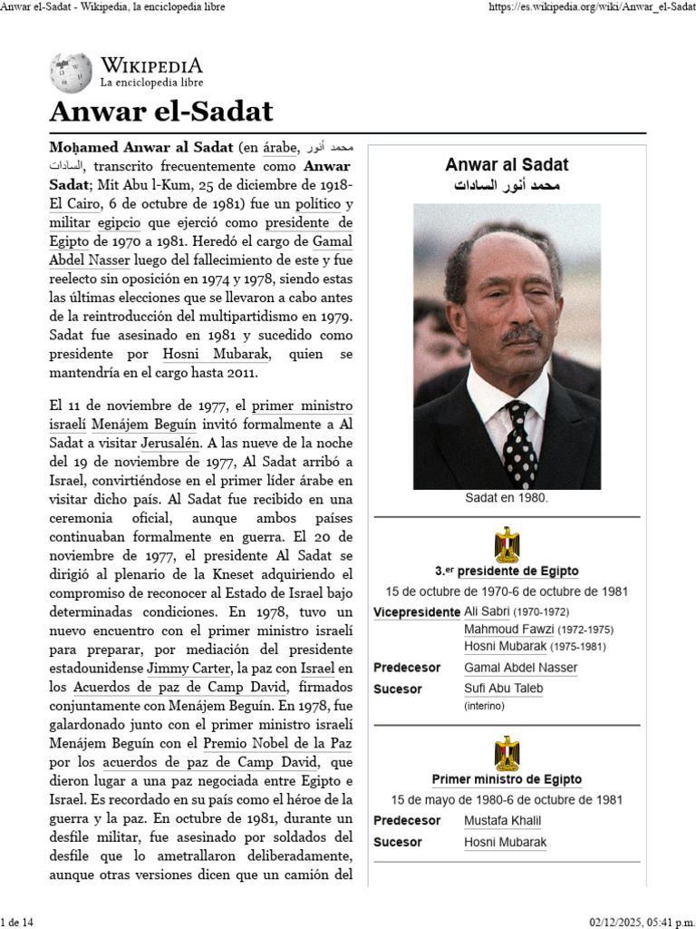Anwar El-Sadat - Wikipedia, La Enciclopedia Libre | PDF | Anwar Sadat ...