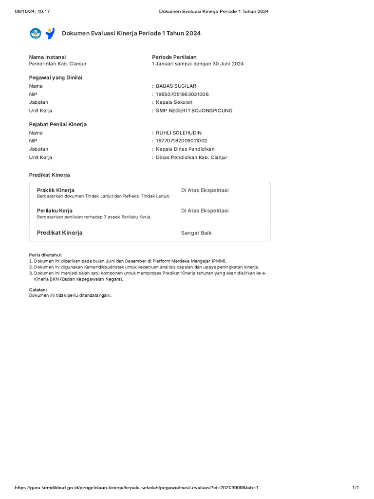 Dokumen Evaluasi Kinerja Periode 1 Tahun 2024 Pa KS | PDF