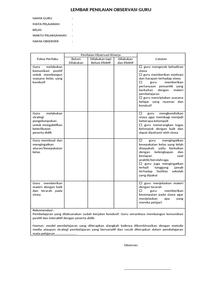 Lembar Penilaian Observasi Guru | PDF
