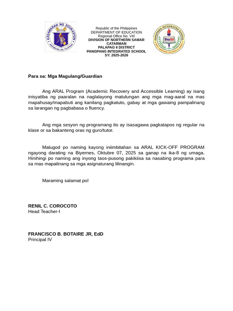 Aral Program Request Letter | PDF