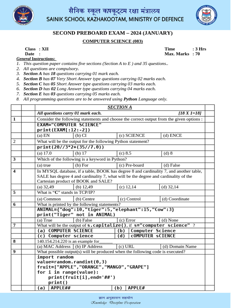 SainikSchoool TVM Class XII CS Paper2 | PDF | Software Engineering | Computer Programming
