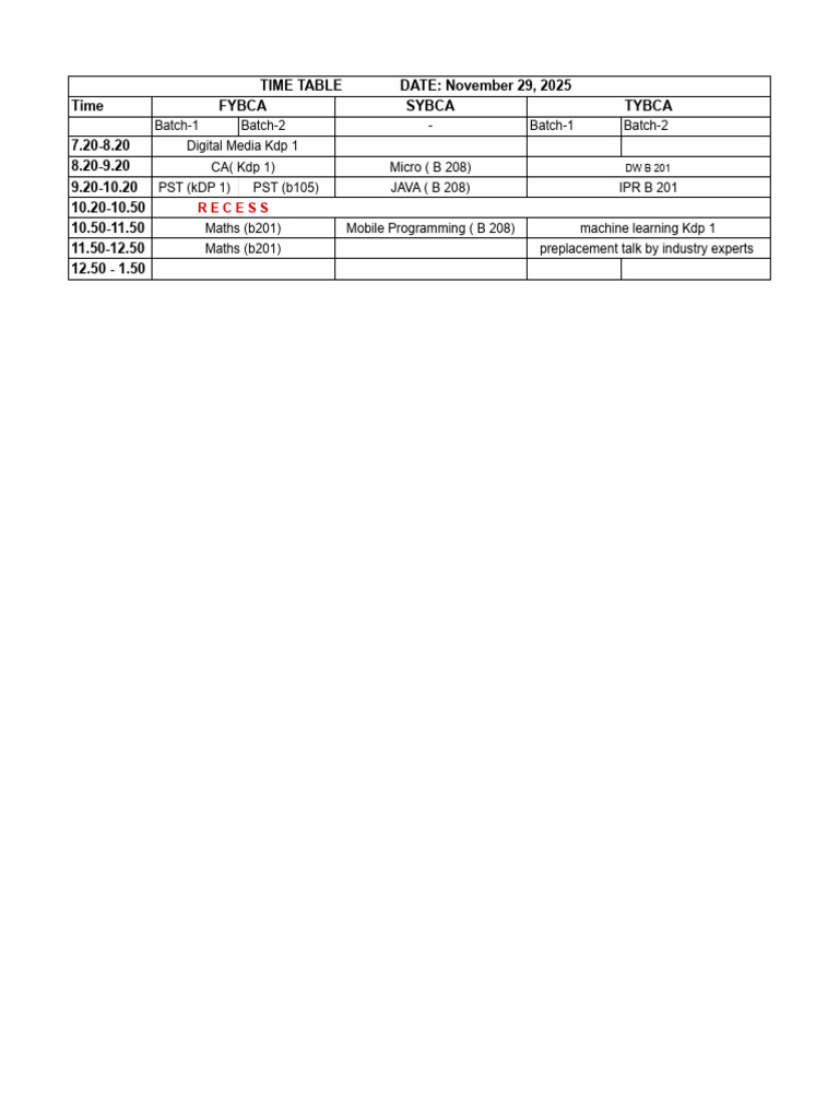 Bca Time-Table | PDF