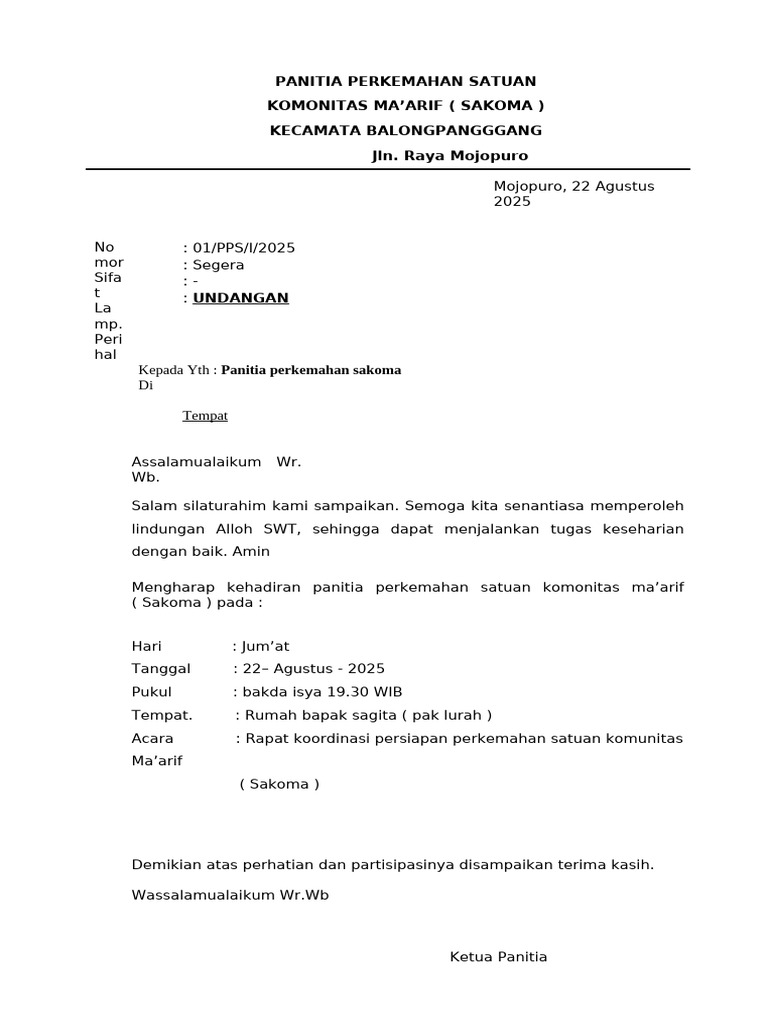 Undangan Rapat Panitia Perkemahan SAKOMA | PDF