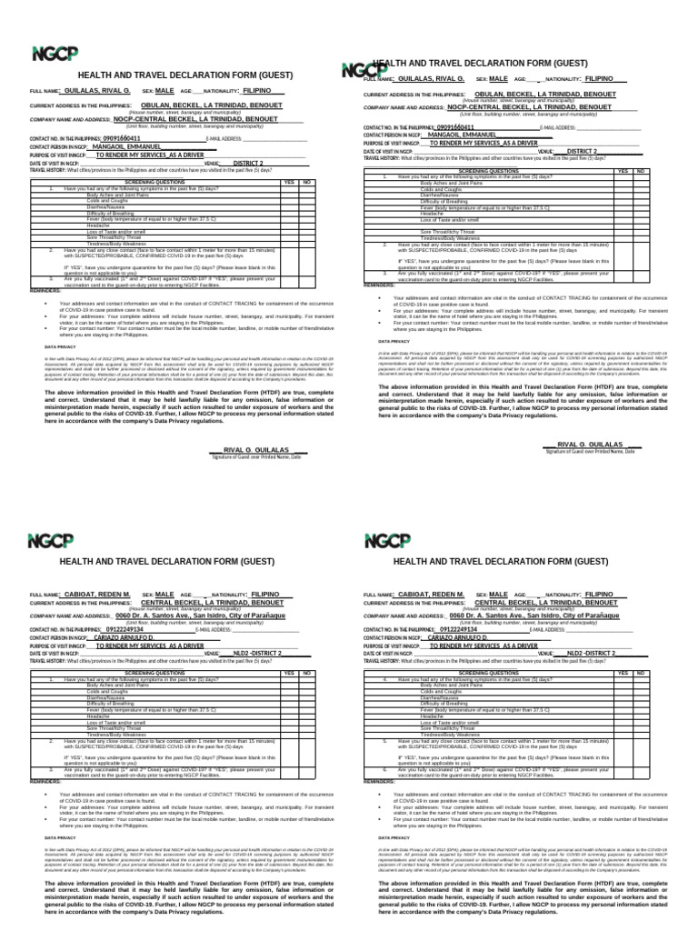 Health and Travel Declaration Form | PDF | Common Cold | Clinical Medicine