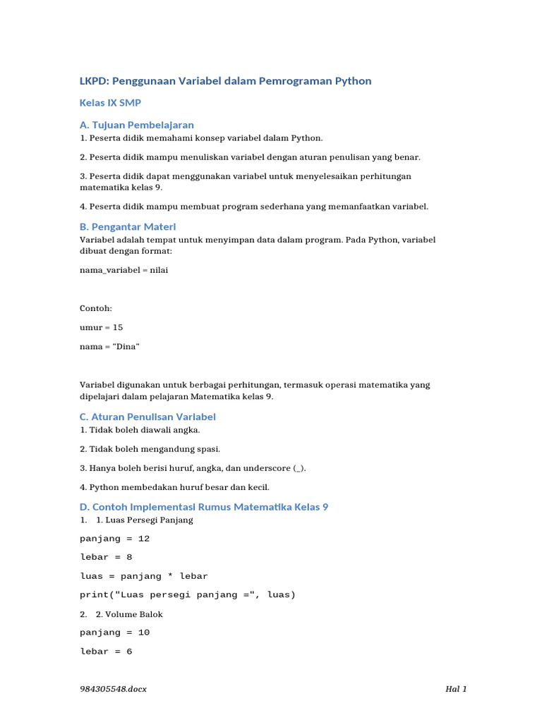 LKPD Variabel Python Kelas9 | PDF