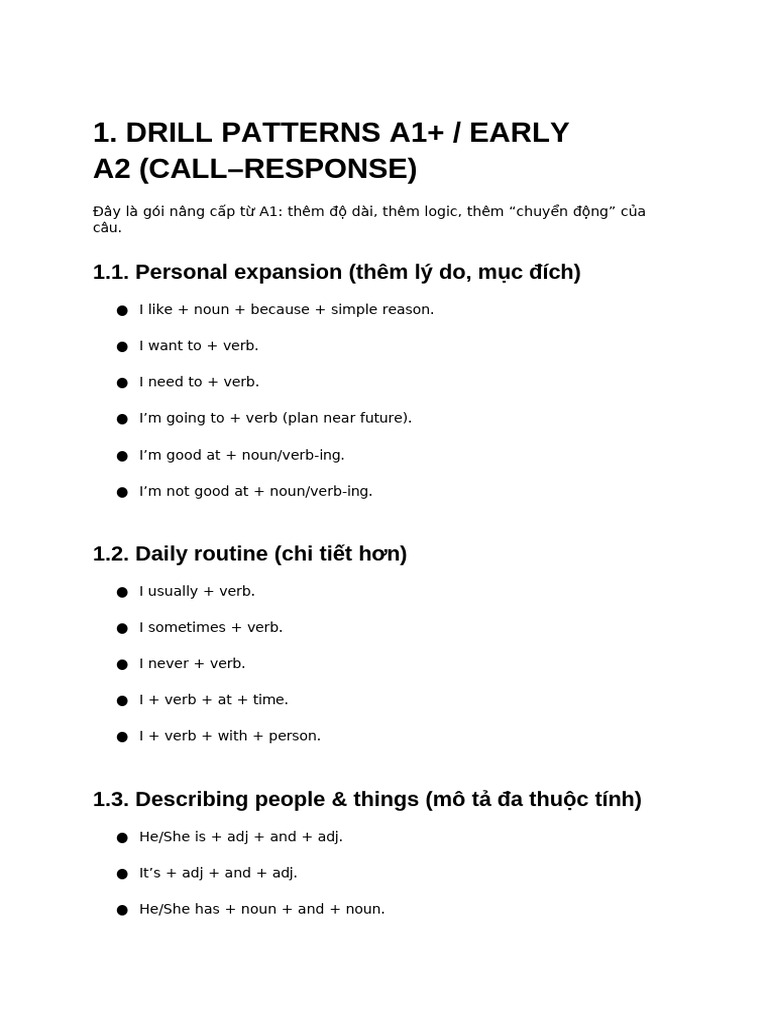 A1+ English Drill Patterns Guide | PDF | Verb | Linguistics