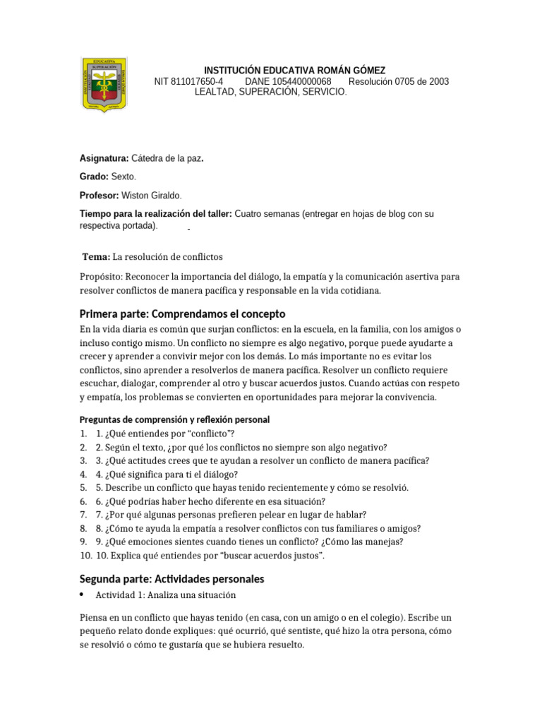 Taller Individual Para Trabajar Desde Casa Grado Sexto | PDF | Empatía | Sicología