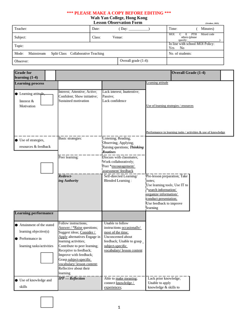 TPA 002 - Lesson Observation Form (2025 Version) | PDF | Learning ...