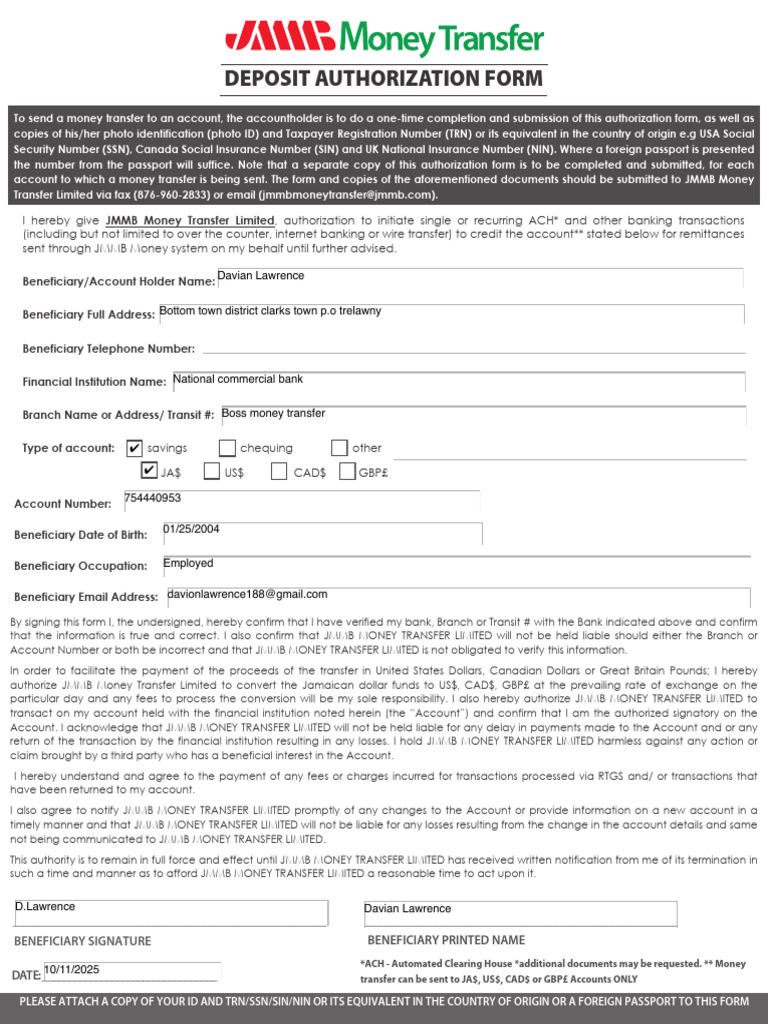 Money Transfer - Authorization Form | PDF | Wire Transfer | Banks
