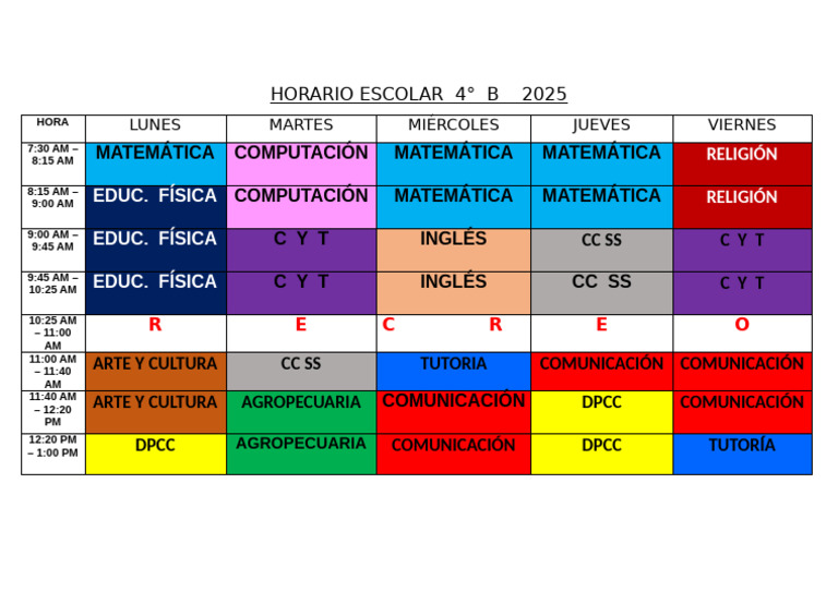 Horario Escolar 4° B | PDF