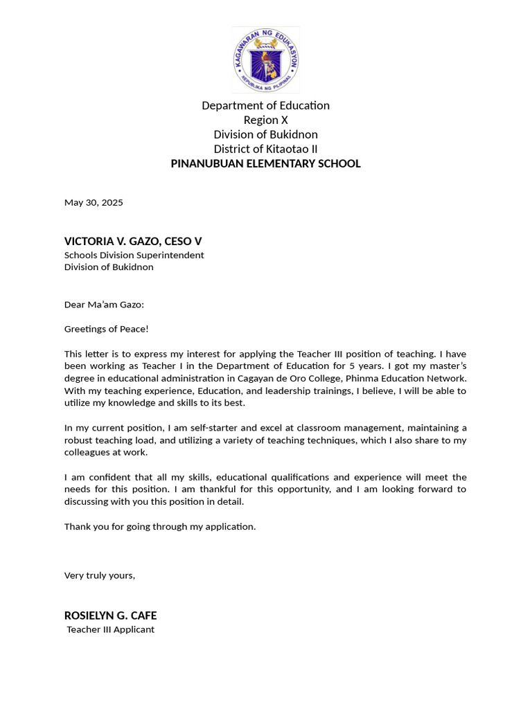 Intent Letter For Teacher 3 Position | PDF