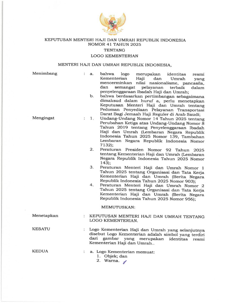 Keputusan Menteri Haji Dan Umrah Nomor 41 Tahun 2025 - Logo Kementerian ...