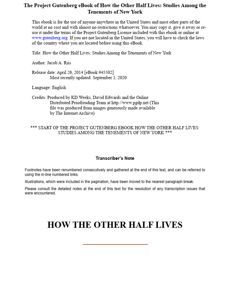 How The Other Half Lives: Transcriber's Note | PDF | Project Gutenberg ...