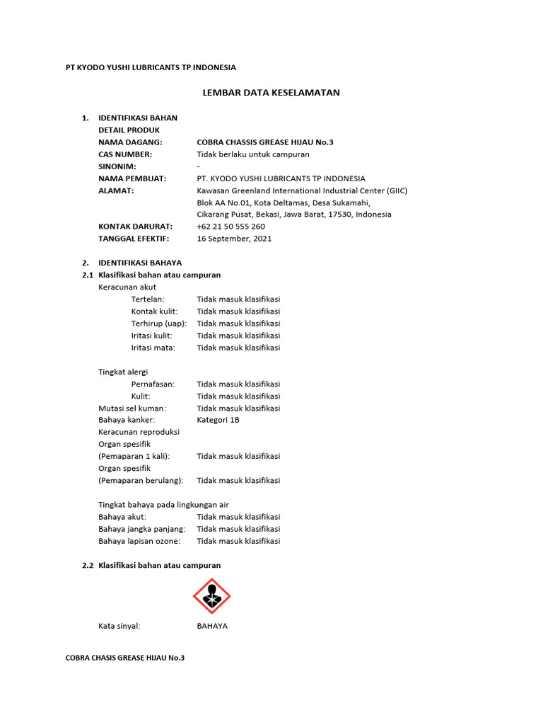 Data Keselamatan COBRA Grease Hijau No.3 | PDF