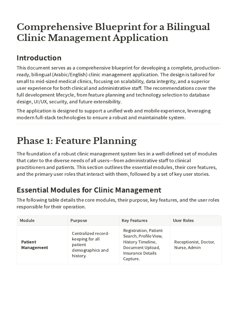 Bilingual Clinic Management App Blueprint | PDF | Databases | Medical ...
