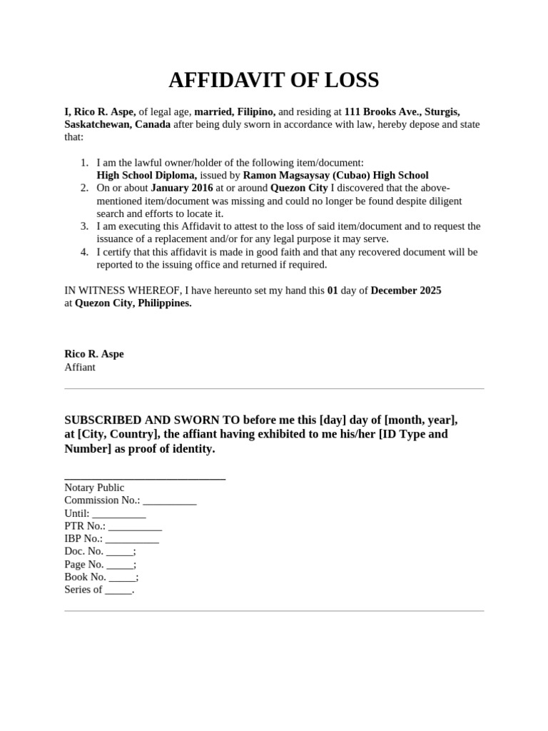 Affidavit of Loss | PDF