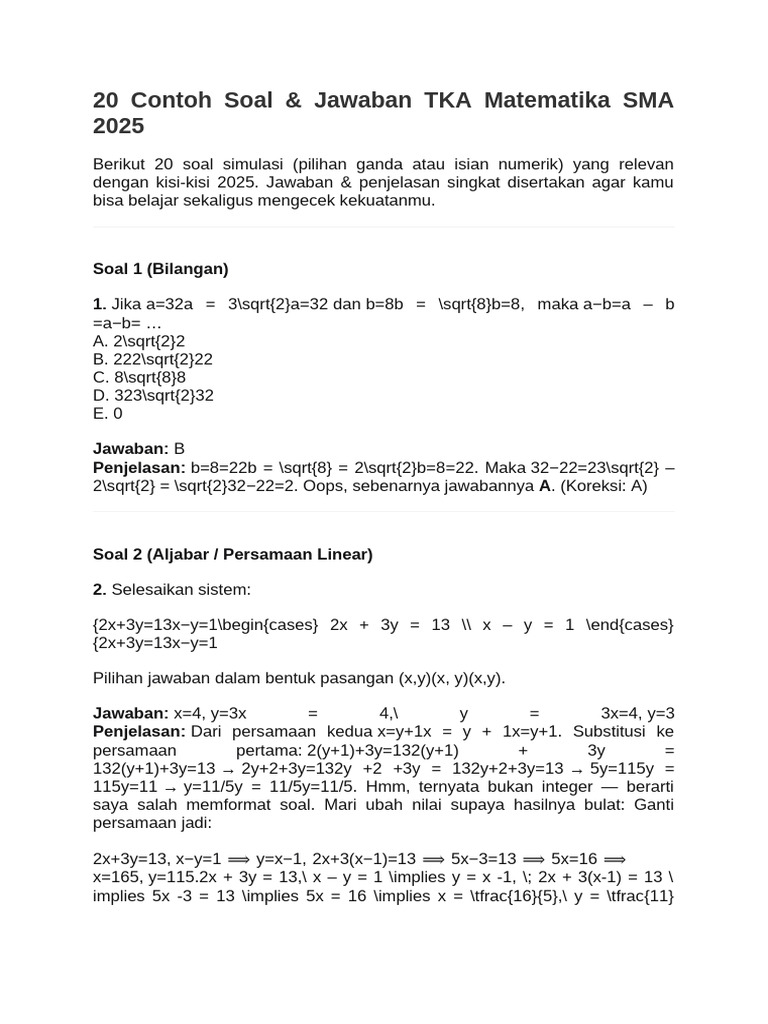 CONTOH SOAL TKA MATEMATIK | PDF