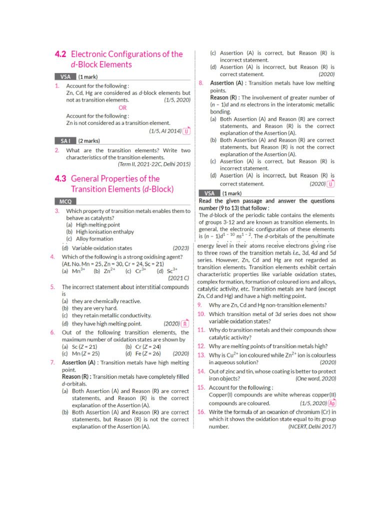 Practice Questions For D and F Block Elements | PDF