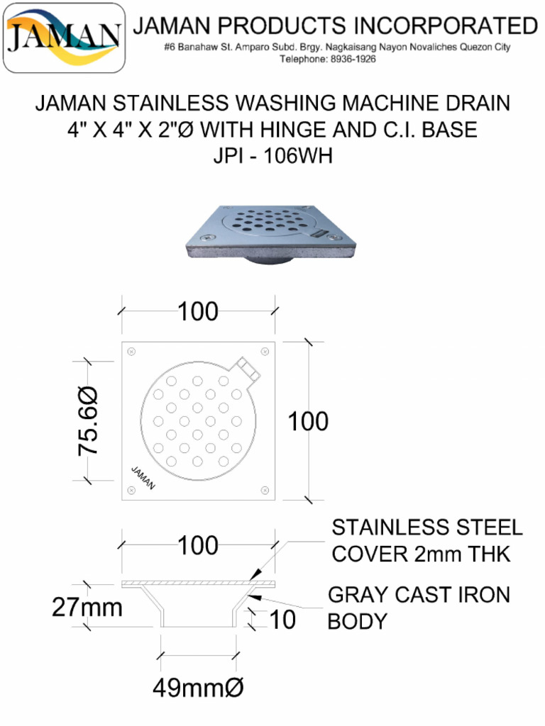 4 X 4 Washing Machine Drain Stainless Cover Ci Base Jpi-106wh | PDF