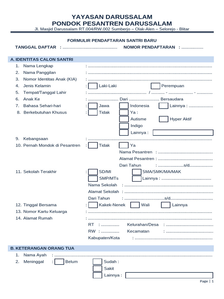 Formulir Pendaftaran Santri Baru | PDF