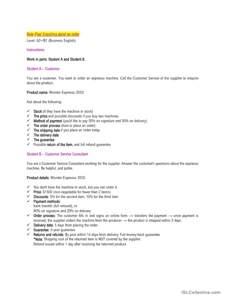 Enquiring About An Order (Business English Role-Play) | PDF | Stocks ...