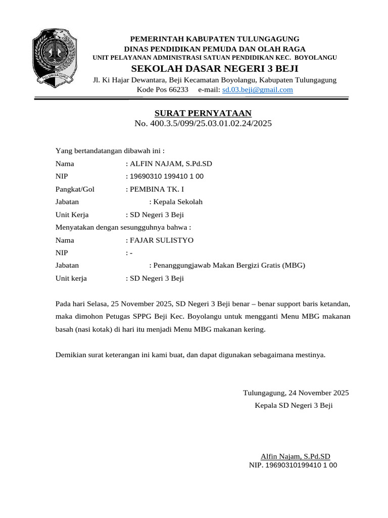 Surat Pernyataan MBG | PDF
