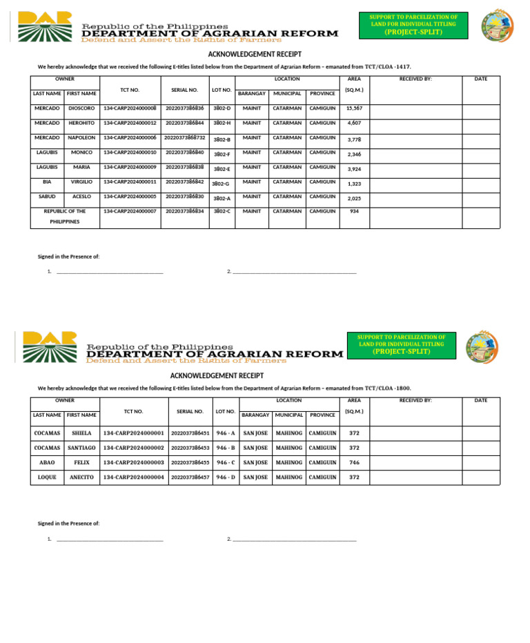 Acknowledgement Receipt of Arbs | PDF