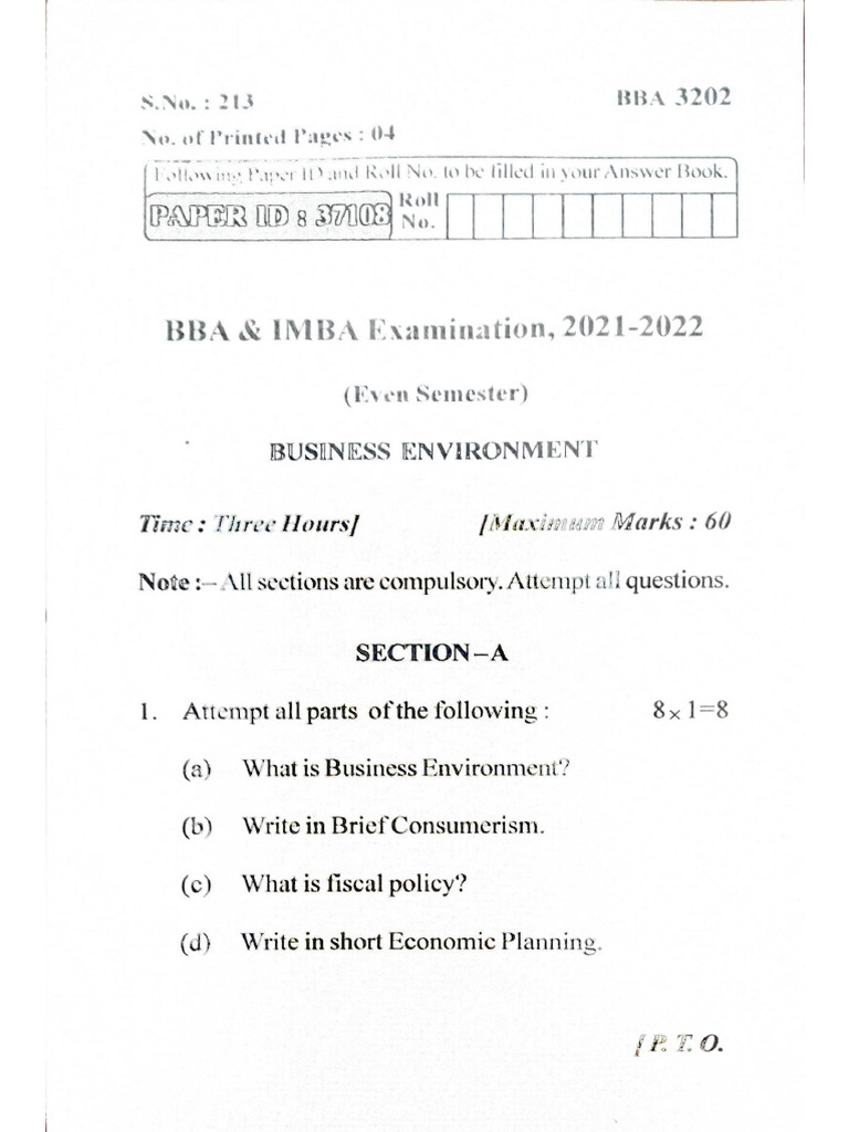 Business Environment Question Paper | PDF