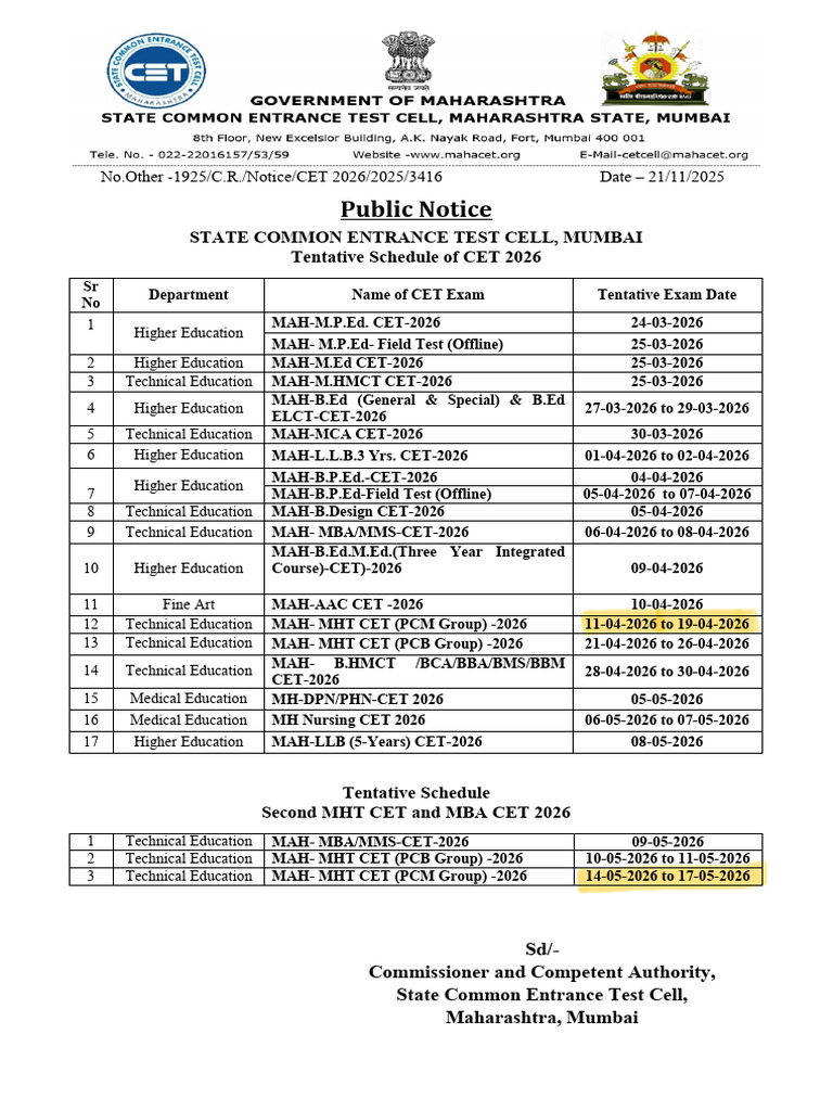 CET 2026 Tentative Exam Schedule | PDF | Evaluation Methods | Data ...