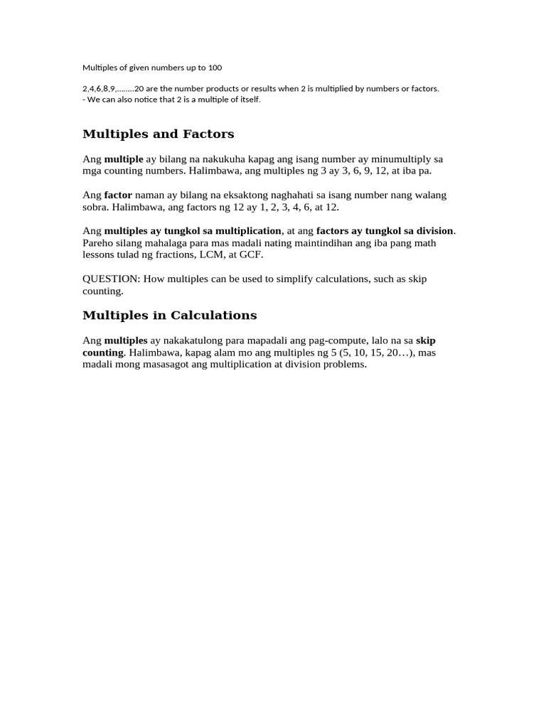 Multiples of Given Numbers Up To 100 | PDF