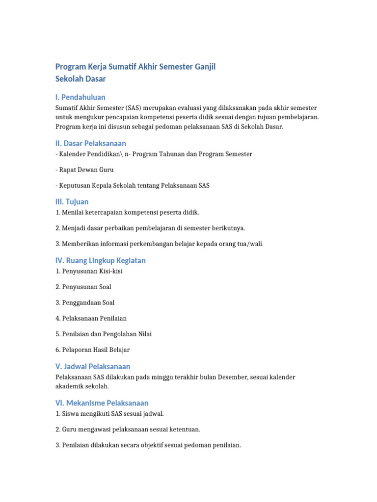 Program Kerja SAS Sekolah Dasar Ganjil | PDF